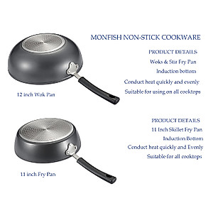 Monfish Deep Frying & Wok Pan Set 12 inch wok & stir fry pan w lid,11 inch skillet frying pan w lid Non Stick Granite Stone Finish Mother Day
