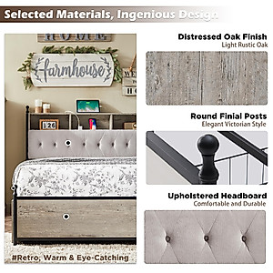 T4TREAM King Bed Frame with Storage Upholstered Headboard and 4 Drawers, Farmhouse Metal Platform Bed w/LED Lights & Charging Station, Stable & Easy Assembly, No Box Spring Needed, Light Rustic Oak