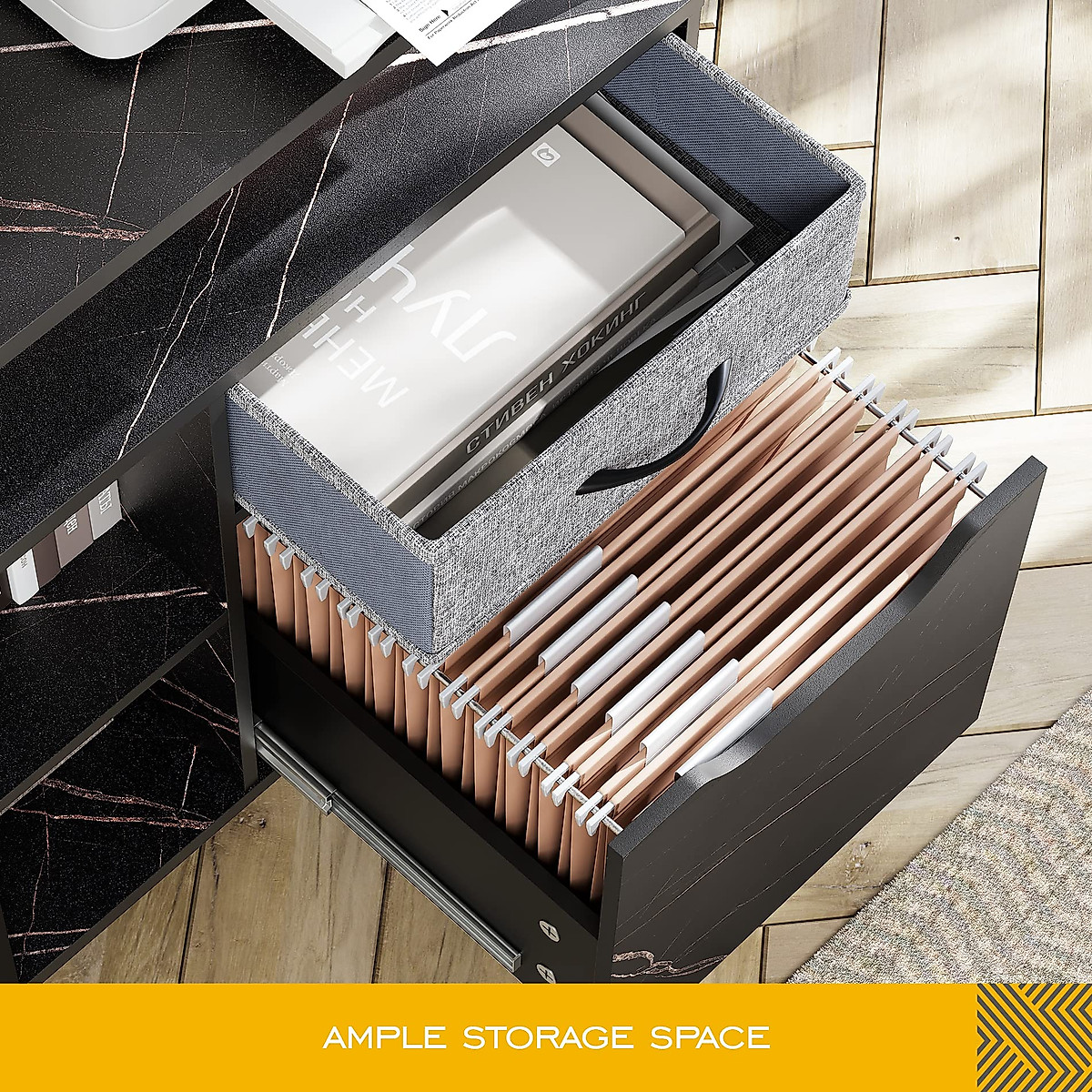 HOMOOI 2-Drawer Lateral File Cabinet, Mobile Large Printer Stand with Open Shelves, Home Office Filing Cabinet for Hanging A4/Letter Size File Folders, Black, Wood and Metal