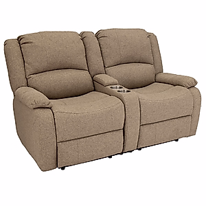 RecPro Charles 64" Double Recliner RV Sofa with Console and Cupholders | Zero Wall Loveseat for Camper | Wall Hugger Couch | Fifth Wheel Theater Seating | Replacement RV Furniture | Oatmeal Cloth
