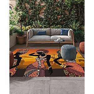 Bohemia African Women Outdoor Rugs for 4'x6' Patios Clearance, RV Camping Mat Rug Portable Outside Rug Indoor Outdoor Area Rug Mat for Beach Deck Pool Native American Indian Ethnic Tribal Boho