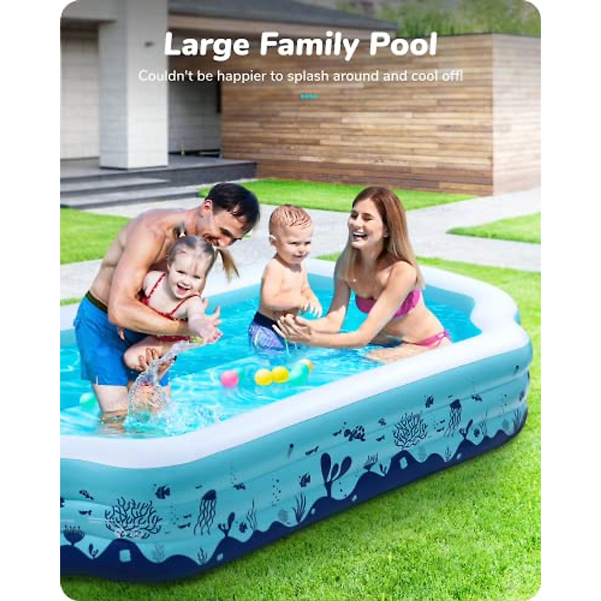 Inflatable Swimming Pool, Valwix 122" X 71" X 20" Full-Sized Family Blow Up Pools for Adults, Children, Above Ground Outdoor Garden Backyard Pool with Seat and Backrest, Summer Water Party for All
