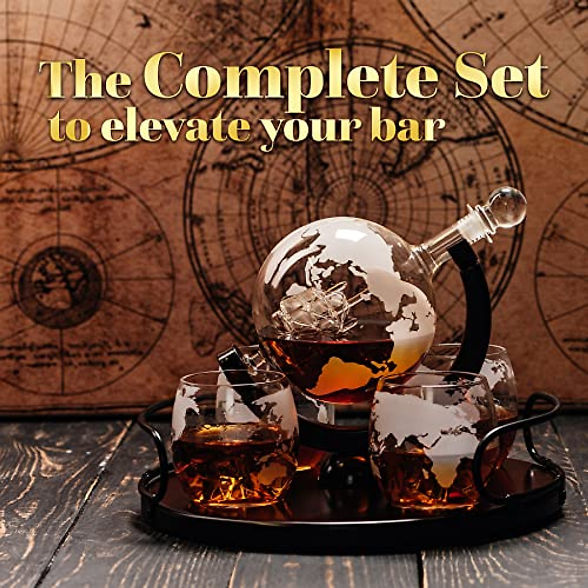 Kemstood Globe Whiskey Decanter Set - Etched World Design with Wooden Base & 4 Glass - Ideal for Dignified Drinking, Home Decor - Unique Whiskey Gifts for Men, Father - 850ml Capacity for Long Storage