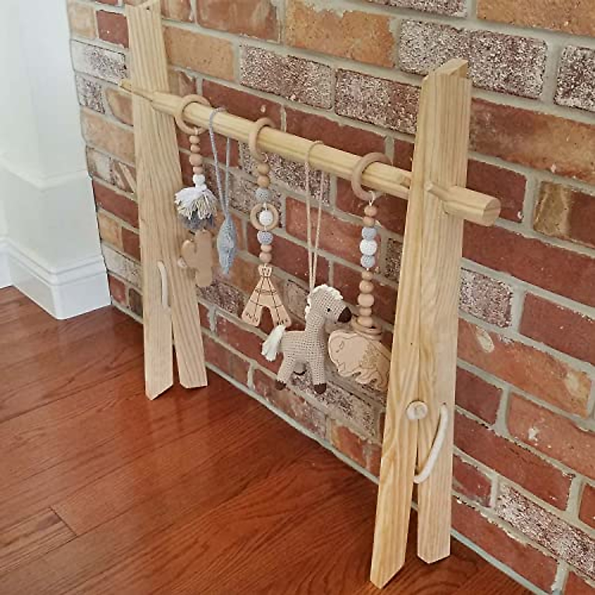 Wooden Play Gym for Baby FOLDABLE Infant Activity Set WILD WEST ADVENTURES Cowboy Natural Wooden Montessori Mobile Toys with Wooden Frame Play Gym Activity Set and Handmade Crochet teething toys