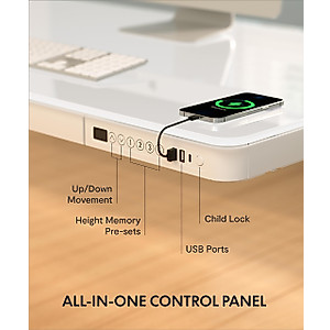 FLEXISPOT Electric Glass Standing Desk with Drawer Desktop & Adjustable Frame Quick Install w/USB Charge Ports, Child Lock (White, Glass)