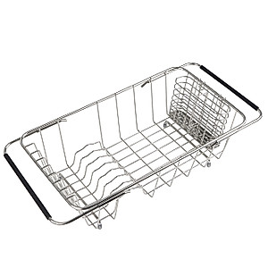 BTLATHA Sink Dish Drainer Rack, Expandable 304 Stainless Steel Dish Drying Rack Organizer with Stainless Steel Utensil Rack, Adjustable 14.96" to 20.59" Inside The Sink (up to 7 Upright Utensils).
