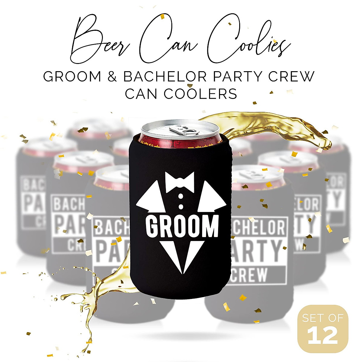 Groom and Bachelor Party Crew Squad Bachelor Party Can Coolers, Set of 12 White and Black Beer Can Coolies, Perfect Bachelor Party Decorations and as Grooms Men Gifts