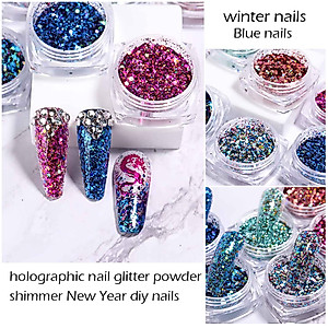 6 Boxes Holographic Nail Art Glitter Powder Shinny Laser Nail Sequins Sparkly Bright Metallic Glitter Flakes Laser Pink Blue Nail Powder with Designs for Women DIY Manicure Tips