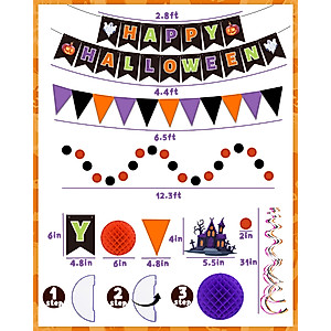 Oomloid Halloween Party Decorations Indoor - Happy Halloween Banner, Hanging Swirl Streamers, Halloween Sign Triangle Flag Bunting Halloween Supplies for Trunk or Treat Decorations