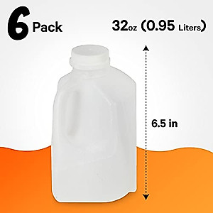 CUNTAIN Juice Bottles – Set of 6 HDPE Plastic Juice Bottles with Caps – 32 oz Empty Containers for Beverages, Milk, Water, Juice – Leakproof Plastic Containers with Lids, Bottles for Juice
