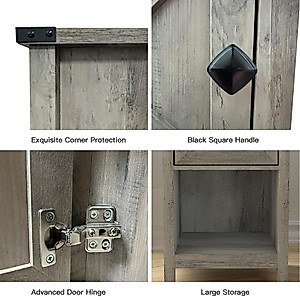 Rustic Nightstand with Charging Station, Night Stand with Barn Door and Drawer, Storage Bedroom Living Room Bedside Table Farmhouse End Table Industrial Bedside Table with USB Ports and Outlets，Grey