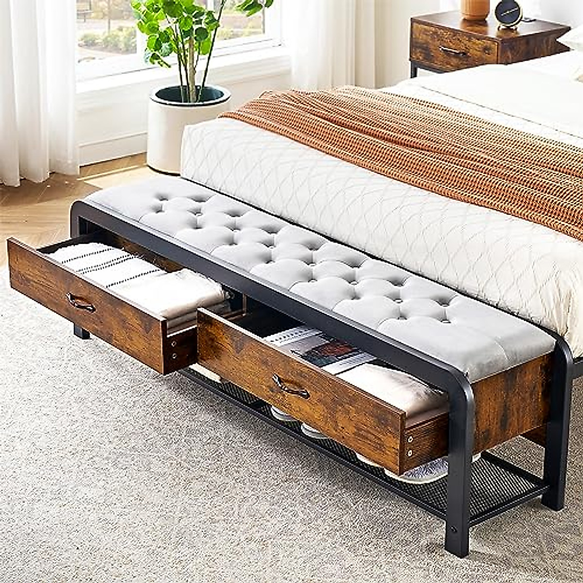 GAOMON Queen Bed Frame with Headboard and 2 Drawers, Metal Platform Bed Frame Queen Size with Storage Drawer, No Box Spring Needed, Noise Free, Rustic Brown