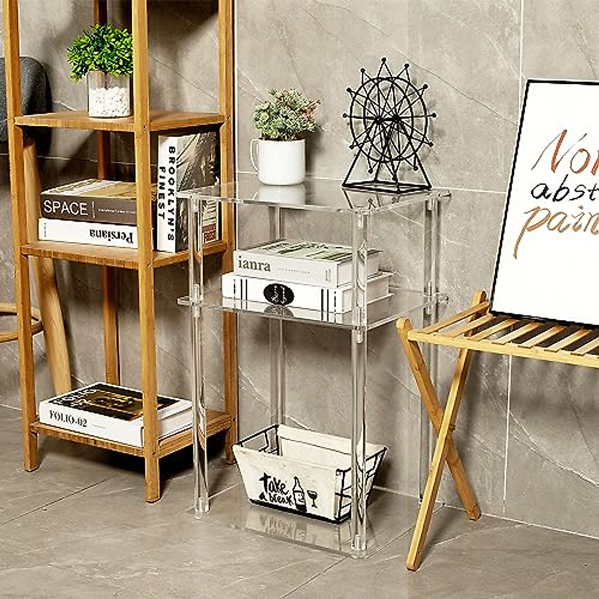 CRAFTFORCE Clear Acrylic Side Table, 3-Tier Acrylic End Table for Living Room, 15.4 L x 11.8" W x 23.4" H Acrylic Nightstand Bedside Table for Bedroom, Multifunctional Modern Design Home Accent Table