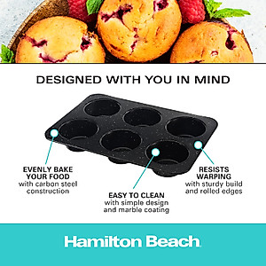 Hamilton Beach Carbon Steel Muffin Pan 6 Jumbo Cup | Non-Stick Coating, Perfect for Making Muffins or cupcake pan | Excellent Heat Conduction, Easy to Clean and Dishwasher Safe | 13.5x9inch, Black