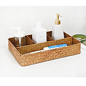 YANGQIHOME Tea Bag / Sugar Packet Holder, Coffee Station Condiment Organizer, Seagrass Storage Basket, Wicker Rattan Divided Basket Organizer for Drawer / Shelf / Countertop