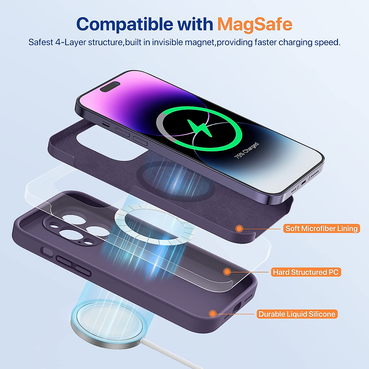 Miracase Designed for iPhone 14 Pro Case, Compatible with Magsafe, 1 Pack Screen Protector, Shockproof Liquid Silicone Rubber Phone Case Cover for 14 Pro 6.1 inch (Purple Magnetic)