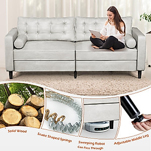 YODOLLA 84.2 Inch Faux Leather Sofa Couch with 2 Bolster, Large Mid Century Modern Couch with 2 Bolster Pillows 3 Seats Sofa Couch for Living Room, White