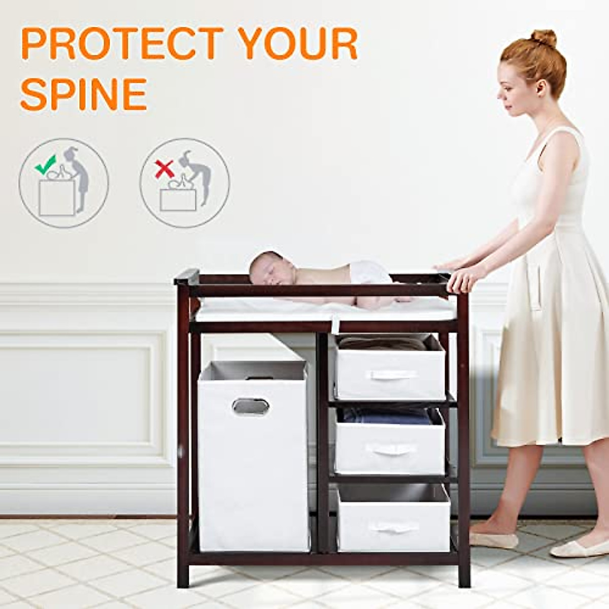 Lovin&Hugin Changing Table, Baby Diaper Changing Table with Laundry Hamper, 3 Storage Baskets and Removable Pad, Brown