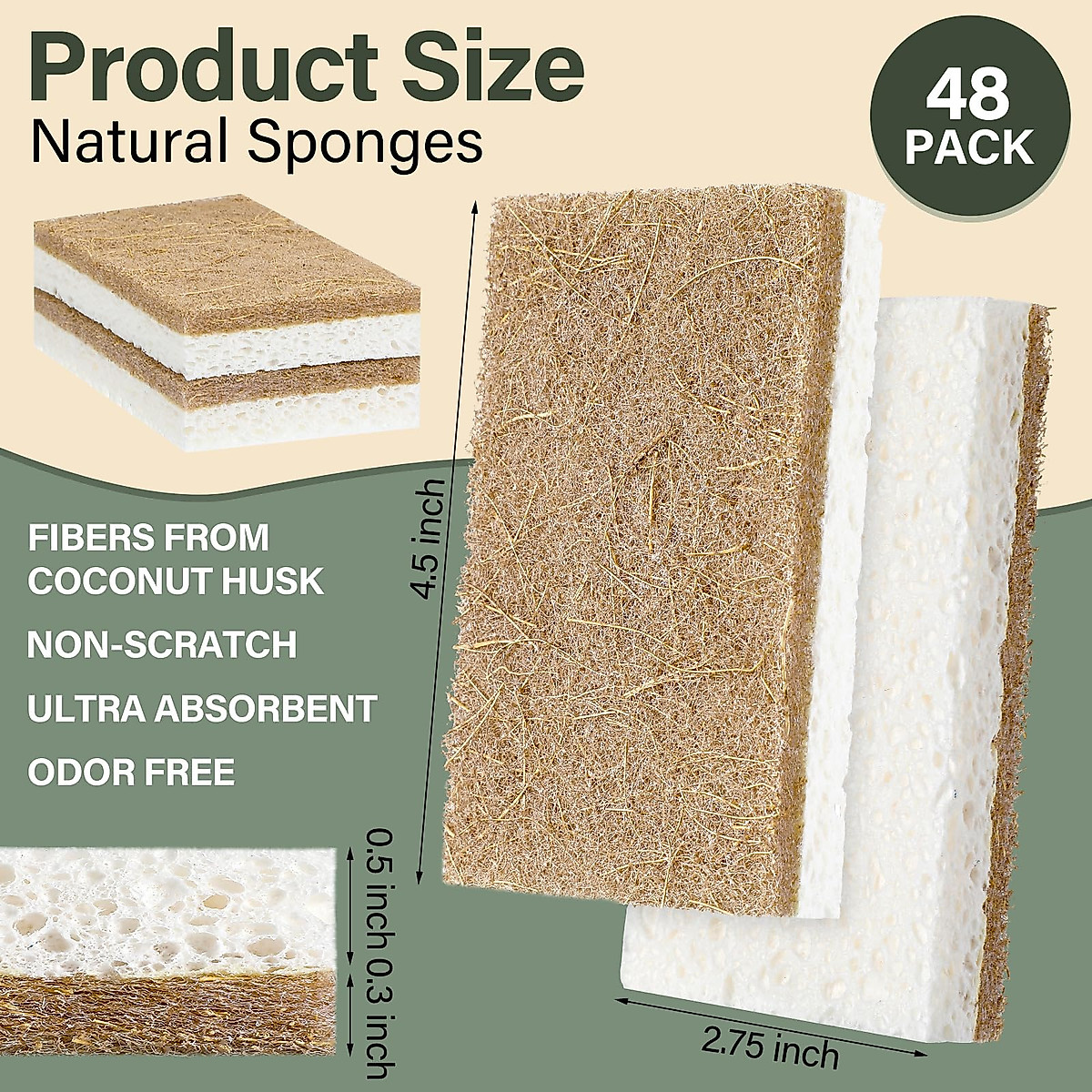 Tanlade 48 Pcs Natural Sponges for Dishes Biodegradable Sponges Kitchen Eco Friendly Scrub Sponges for Kitchen