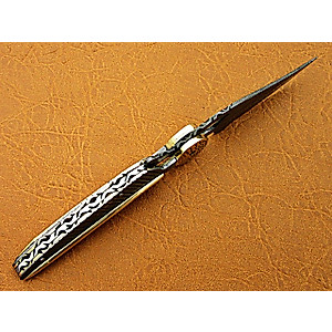 8" hand forged Damascus steel leaf folding pocket knife custom made, Engraved Damascus scale with bras art work cow leather sheath (Damascus) (Full Damascus)