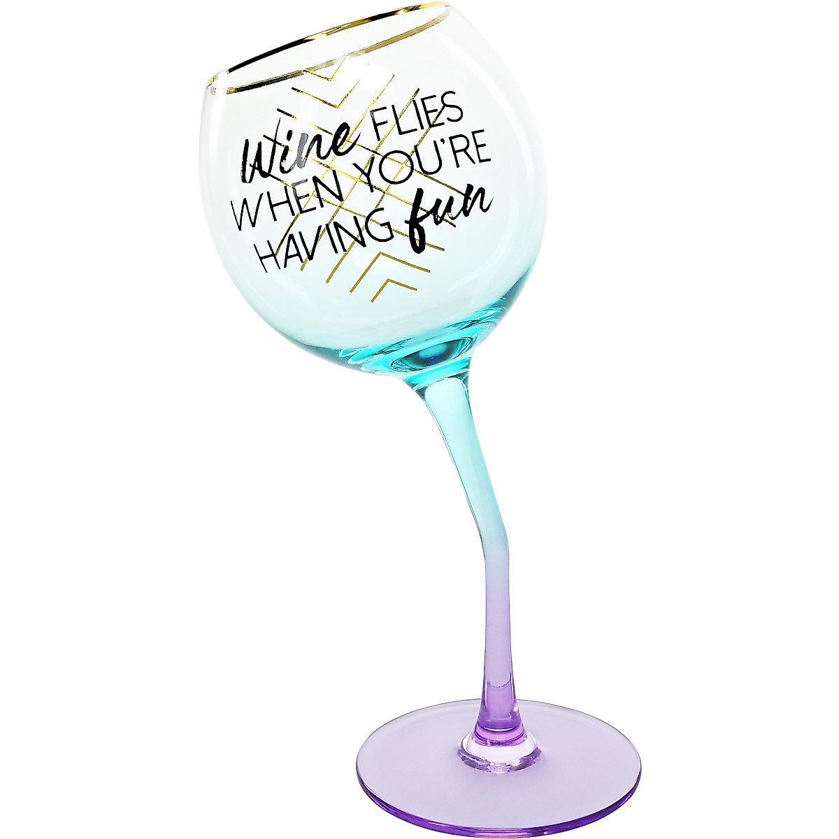 Pavilion Gift Company Flies When You're Having Fun 11 Oz Blue Ombre & Gold Unique Tipsy Stemmed Wine Glass
