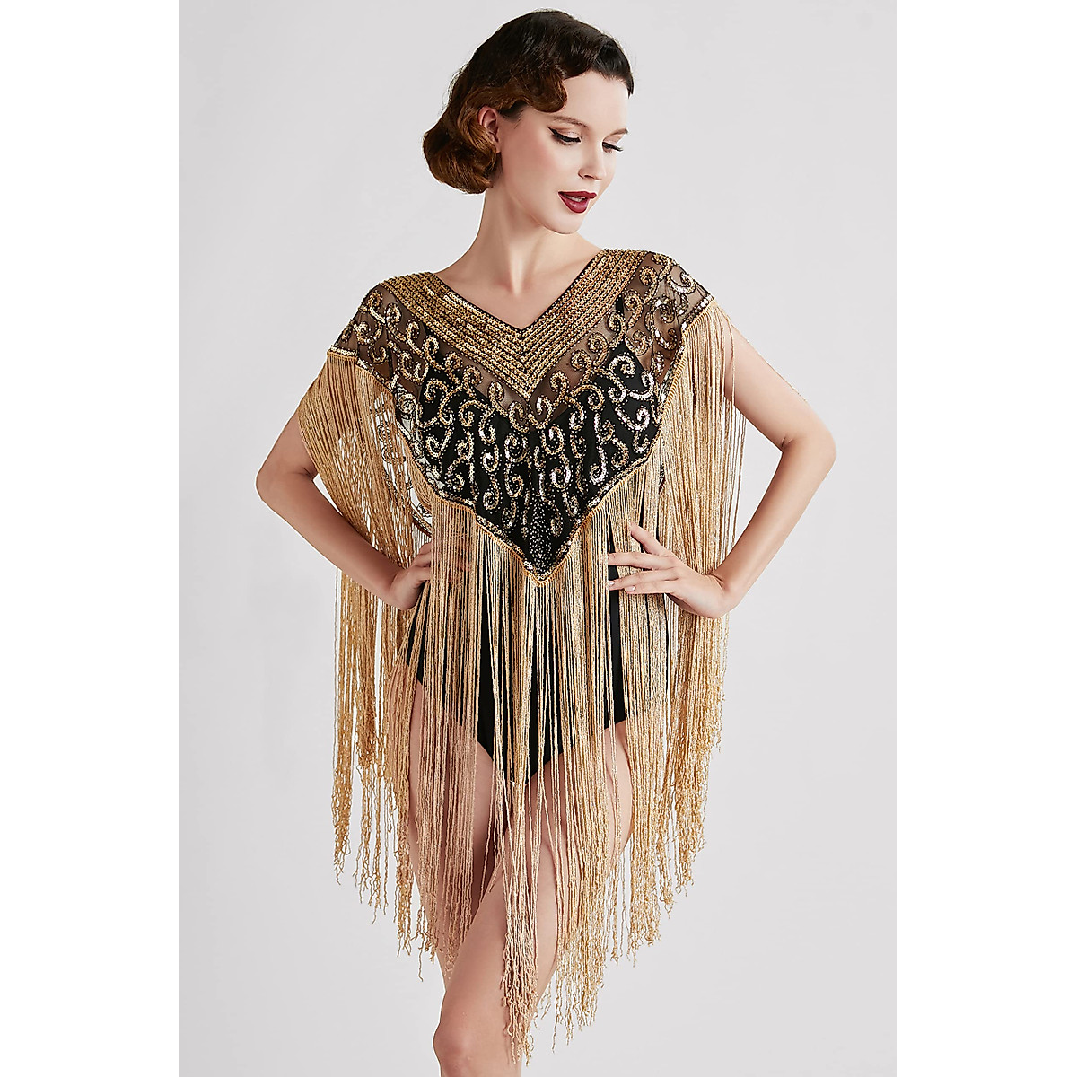 BABEYOND 1920s Shawl Wraps Long Fringed Evening Cape Sequin Beaded Party Shawl (Black Gold)