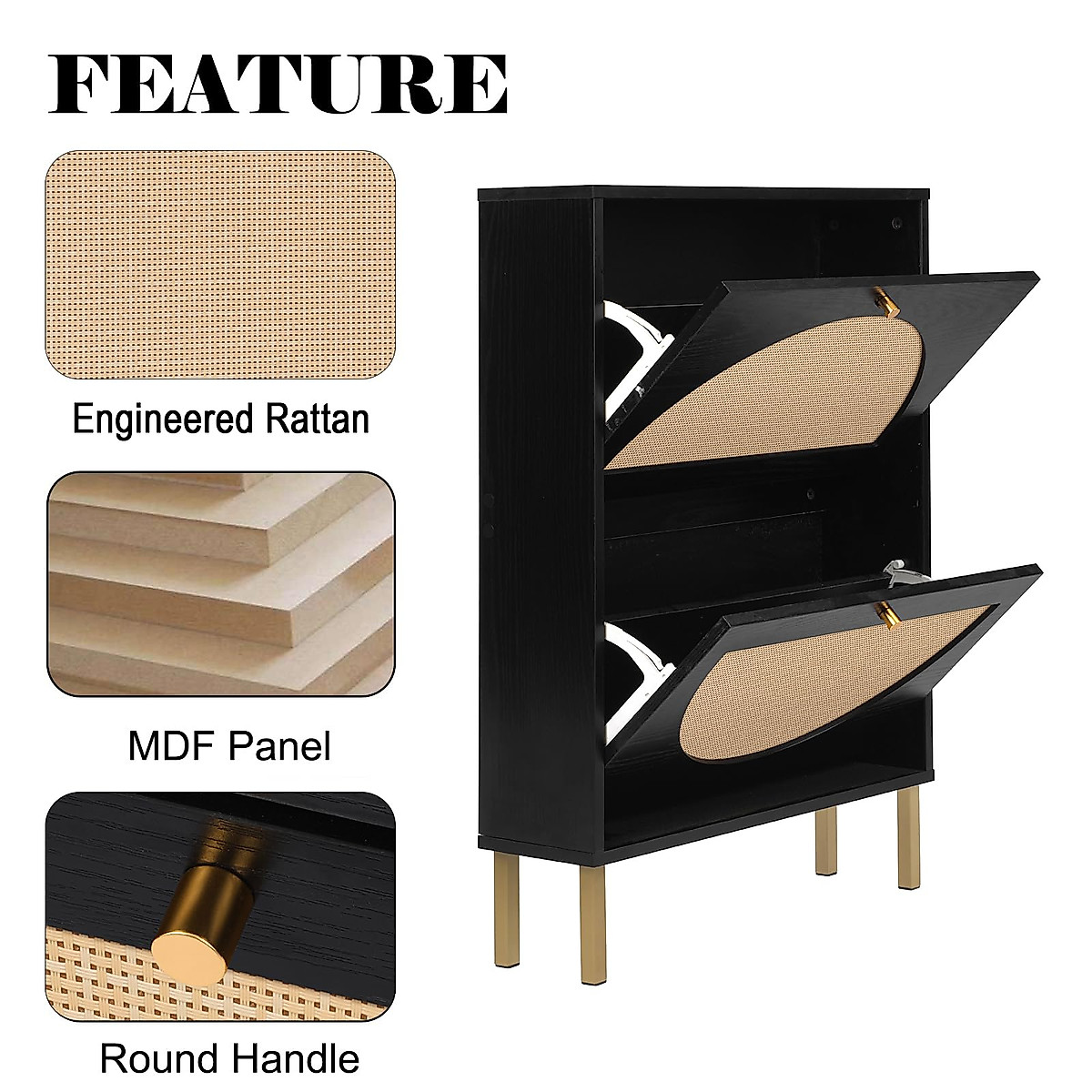 Yoluckea Rattan Shoe Cabinet with 2 Flip Drawers for Entryway Modern Wooden Shoe Rack Shoe Storage Cabinet Free Standing Shoe Rack for Heels Slippers for Entryway Hallway Bedroom Small Space (Black)