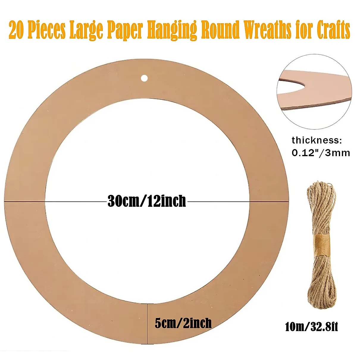 20 Pieces Large Hanging Round Wreaths 12Inch Cardboard Wreath Rings for DIY Crafts Paper Round Circle Christmas Hanging Ornaments Decorations with Hole Twine for Wedding Christmas Valentines Day Decor