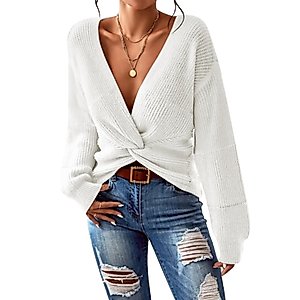Pink Queen Women's 2024 Casual Pullover Sweaters Sexy Deep V Neck Long Lantern Sleeve Twist Knot Wrap Cropped Knit Sweater Tops White M
