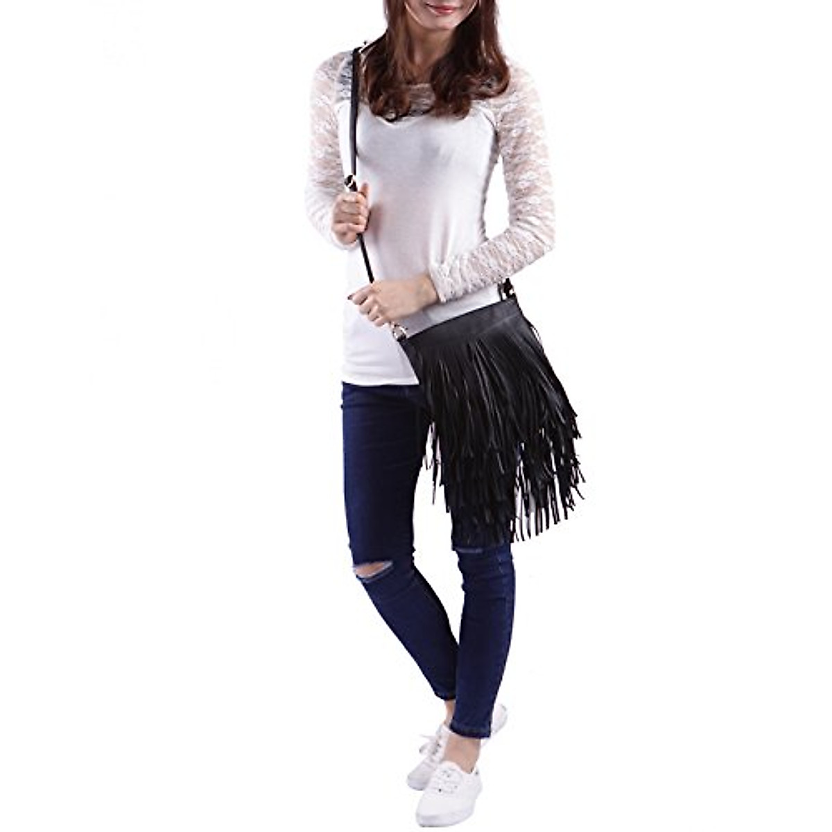HDE Women's Leather Hobo Long Fringe Crossbody Tassel Purse Small Handbag