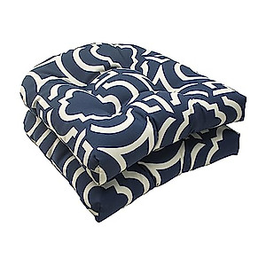 Pillow Perfect Trellis Indoor/Outdoor Chair Seat Cushion, Tufted, Weather, and Fade Resistant, 19" x 19", Blue/White Carmody, 2 Count