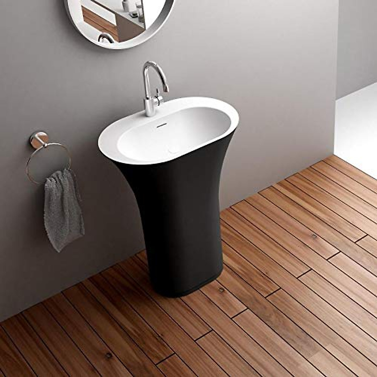 ADM Oval Freestanding Stone Resin Sink, Glossy Black/Glossy White, 24"