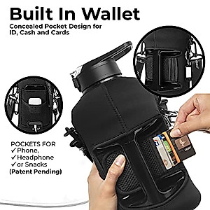 Half Gallon 2.2L Sports Water Bottle With Straw and Built In Wallet 74oz Large Gym Drink Container, Storage Sleeve, Bottle Brush, Phone Pocket - BPA Free Big Jug, Carry Handle Aesthetic Look - Black