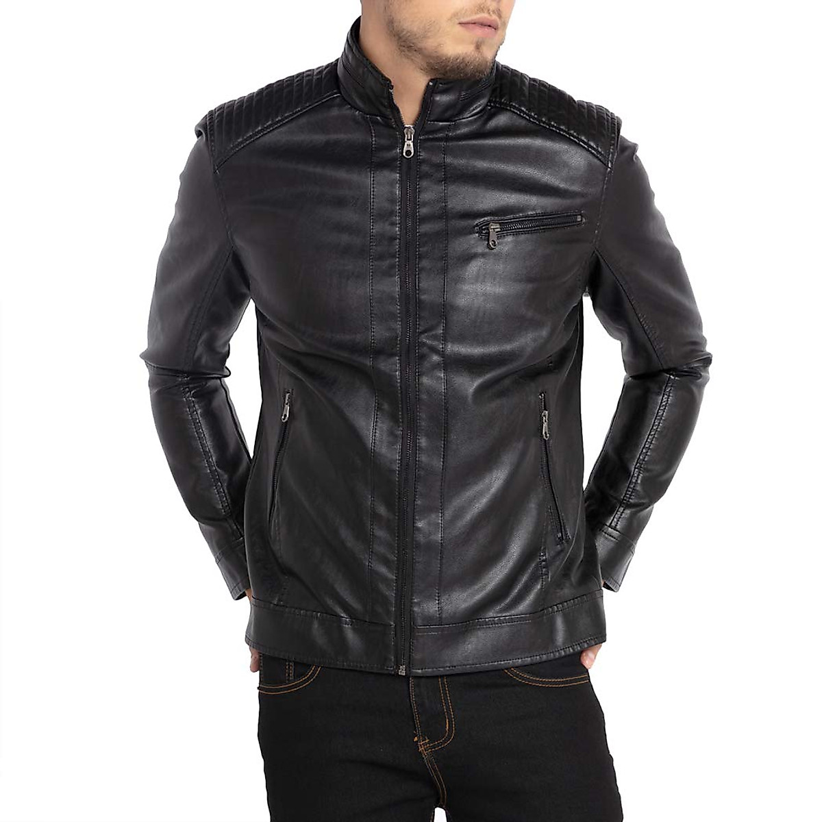 WULFUL Men's Stand Collar Leather Jacket Motorcycle Lightweight Faux Leather Outwear