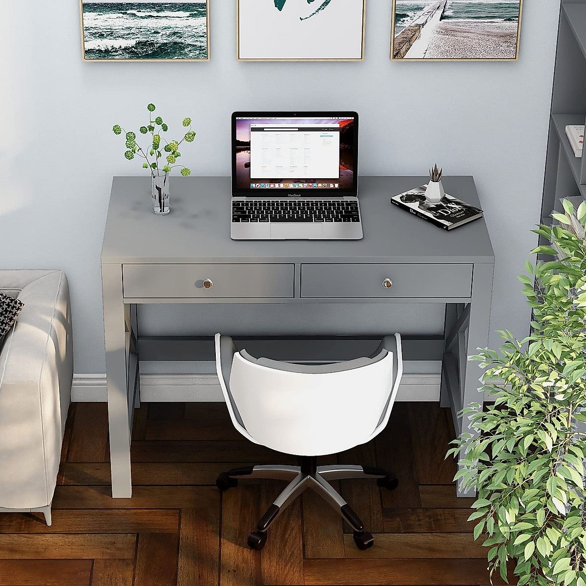 ChooChoo Home Office Desk Writing Computer Table Modern Design Desk with Drawers (Grey)