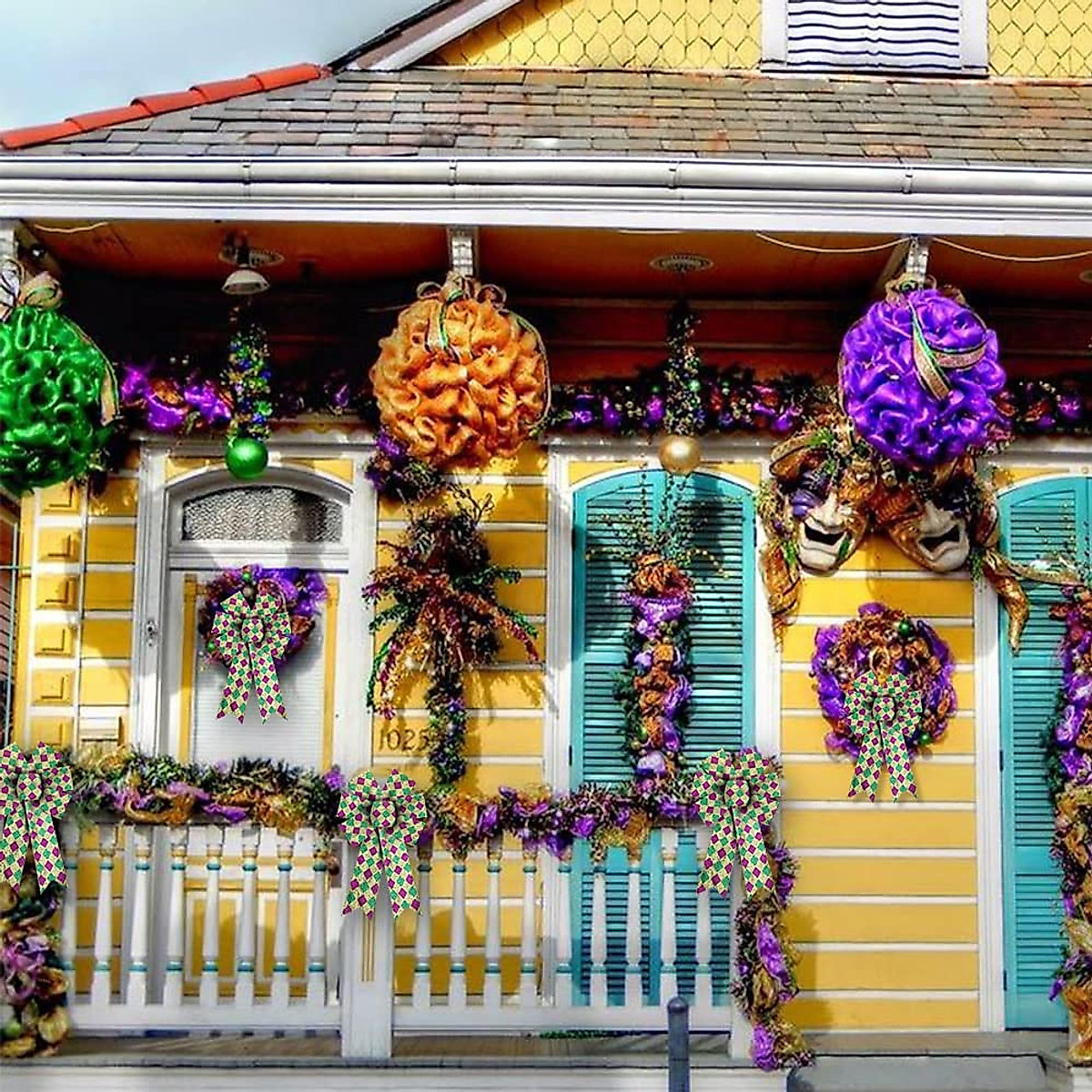 Estivaux 2 Pieces Mardi Gras Bows for Wreath, Mardi Gras Wreath Bows Glitter Green Purple Gold Stripe Bows Fat Tuesday Bows Bows for Front Door Mardi Gras Masquerade Party Decorations