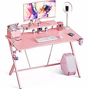 MOTPK Pink Gaming Desk 47" with Monitor Shelf Computer Desk Gaming Table Desk for Girls with Cup Holder and Headphone Hook Gamer Workstation Game Table, Gift for Girls Women