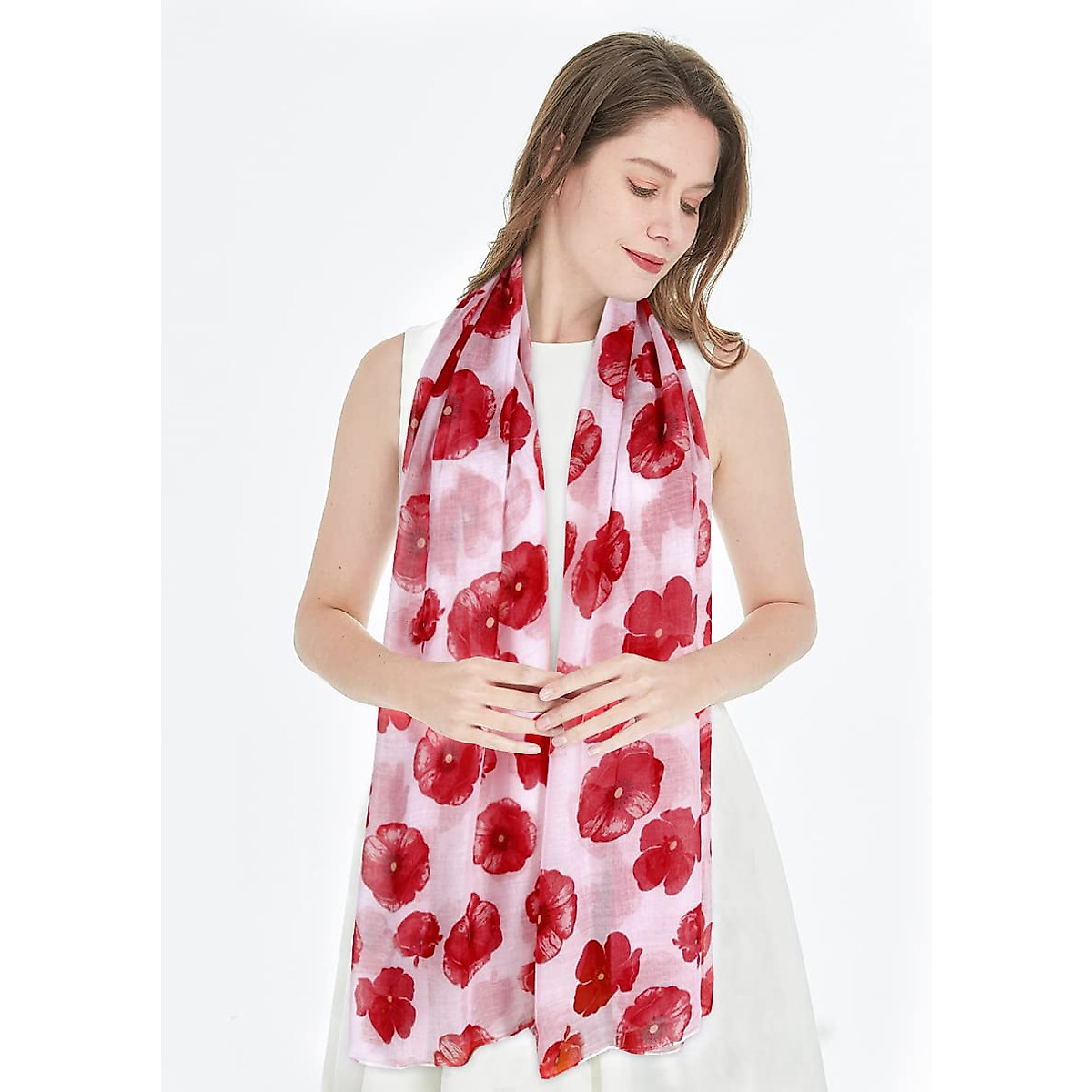 GERINLY Red Poppy Floral White Scarf for Women Oblong Shawl Wrap for Summer Travel Cotton Voile Beach Sarong