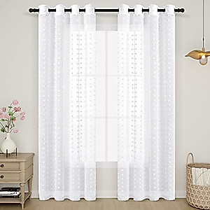 Guken Grommet Pom Pom Sheer Curtains 84 Inch Length 2 Panels Set for Living Dining Room White Textured Curtain for Bedroom Floor Length Semi Sheer Voile Boho Farmhouse Curtain Panels 52x84 Inches Long