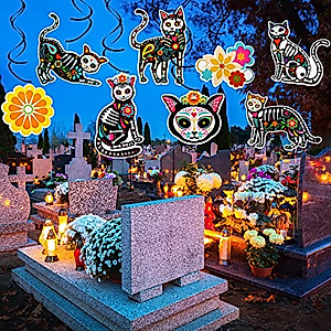 30 Pcs Day of The Dead Decorations Mexican Skeleton Cat Swirl Hanging Ornaments DIY Sugar Skeleton Cat Cutouts for Halloween Cinco De Mayo Dia De Muertos Party Supplies