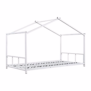 UOCFYK Twin Size Floor Bed with Roof Design for Kids, Girls, Boys,Montessori Floor Bedframe for Small Space,Easy Assembly & No Box Spring Needed, White