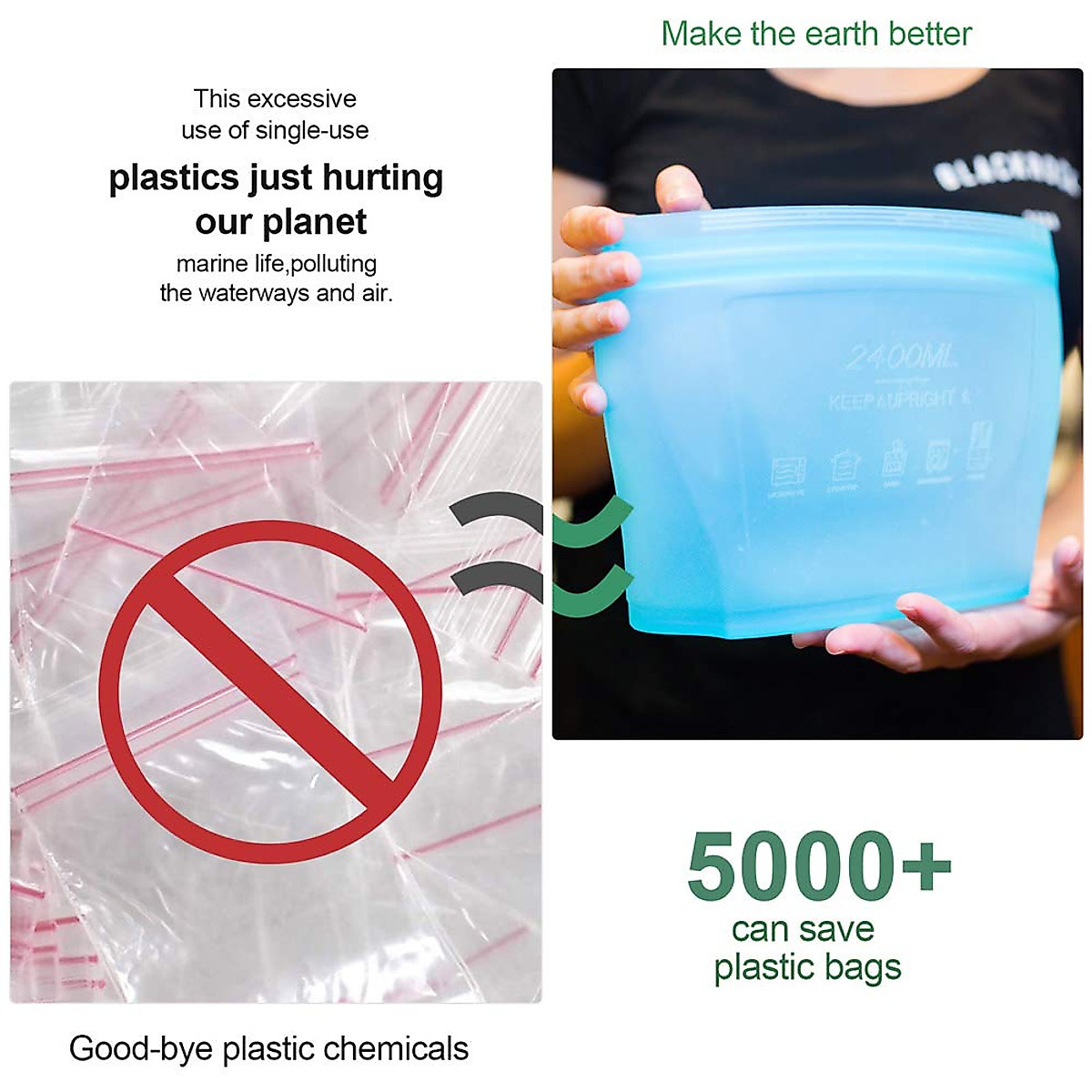 ZIP STANDING Reusable food Silicone Containers - 2-piece food storage cup Larger Capacity, Dishwasher, Microwave, Freezer Safe. Healthy Food Grade. (blue)