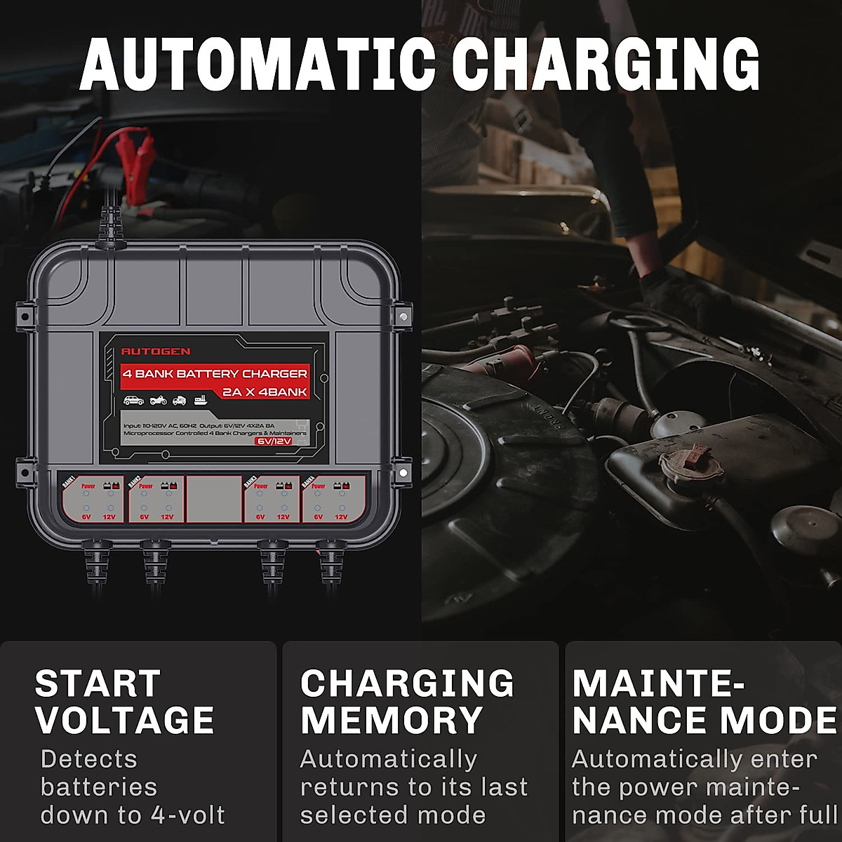 AUTOGEN 4-Bank Marine Battery Charger, 8-Amp (2-Amp Per Bank) Smart Battery Trickle Charger Maintainer, 6V & 12V Onboard Battery Charger and Battery Maintainer