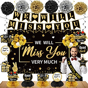 Turypaty Retirement Party Decorations Supplies for Men Women, 45PCS Black Gold Farewell Decorations, We Will Miss You Banner Backdrop Table Toppers Hanging swirls Pompoms Going Away Party Decorations