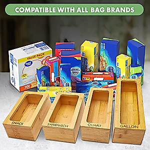 Dharmagic Kitchen Organization and Storage for Drawer Wood Kitchen Food Baggie Dispenser Box Plastic Bag Holder Compatible with Gallon, Quart, Sandwich & Snack Bags from Most Brands Ziplock - Set of 4