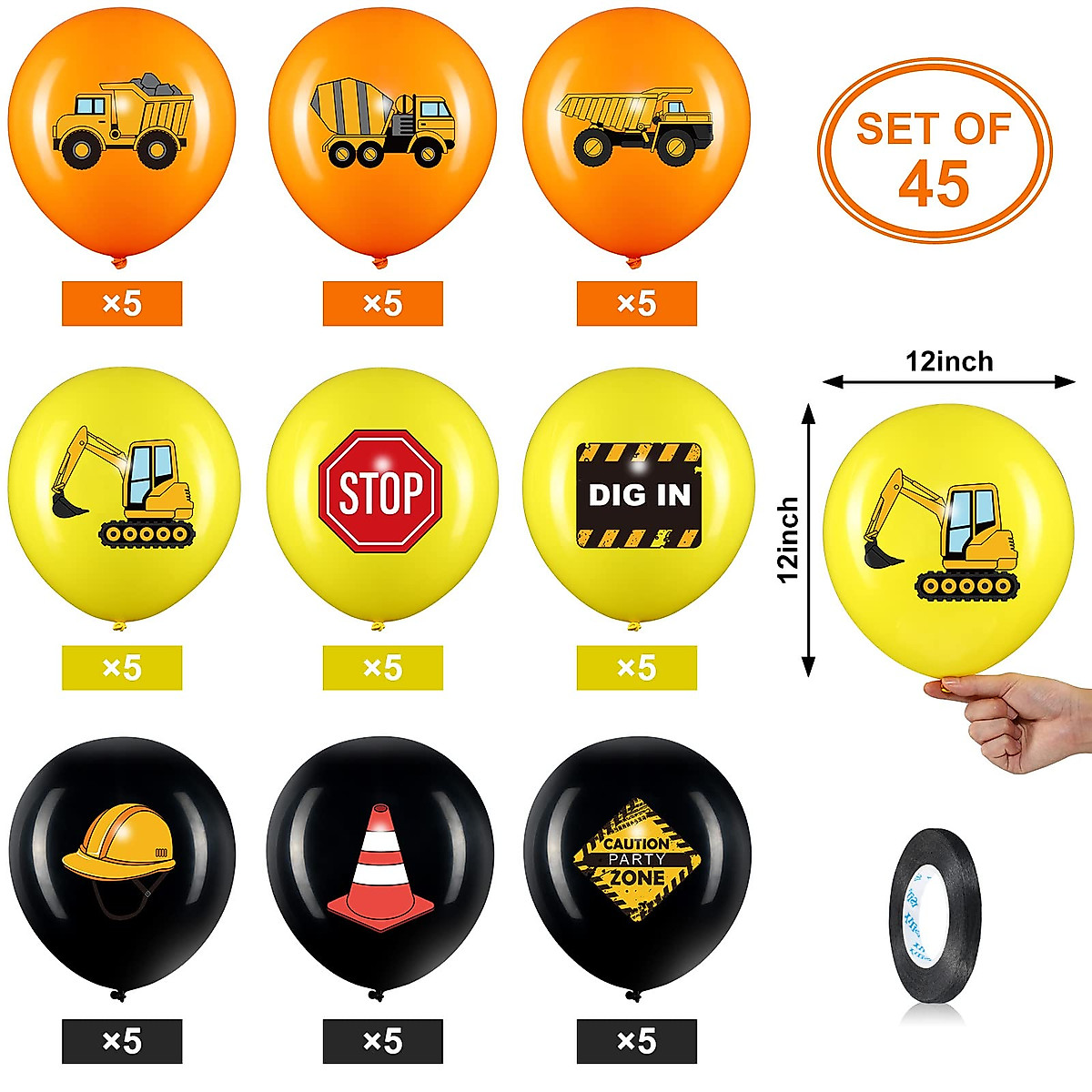 45 Pieces Construction Balloons, 12 Inch Construction Birthday Party Decorations for Children Shower Dump Truck Birthday Party Construction Zone Theme Party Traffic Zone Birthday Party Supplies