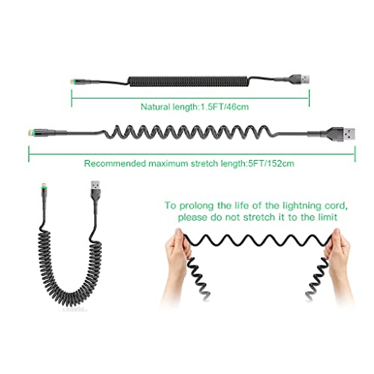 Coiled Lightning Cable Carplay[Apple Mfi Certified], USB to Lightning Cable Fast Data Sync with LED, Short Retractable iPhone Charger Cord for Car Compatible with iPhone 14/13/12/11 Pro Max/Pro/Xs Max
