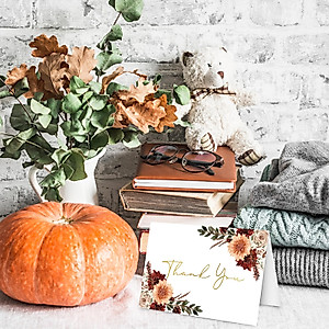 Whaline 32 Packs Fall Floral Gold Foil Thank You Cards Watercolor Flower Greeting Cards Autumn Blank Note Cards with Envelopes and Stickers for Thanksgiving Wedding Birthday Party, 4 x 6 Inch