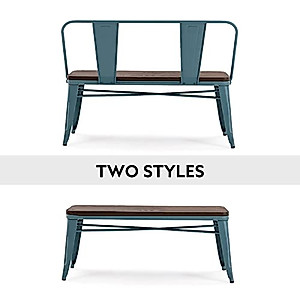 MELLCOM Metal Bench Industrial Mid-Century 3 Person Chair with Wood Seat,Dining Bench with Floor Protector,Blue