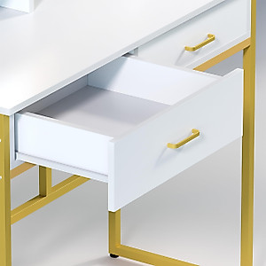 Wildhome Vanity Set with Lighted Mirror,Vanity Desk with 2 Drawers,Makeup Vanity Dressing Table with 9 Lights for Women, Dresser Desk Vanity Set for Bedroom,with Cushioned Stool,Gold (White)